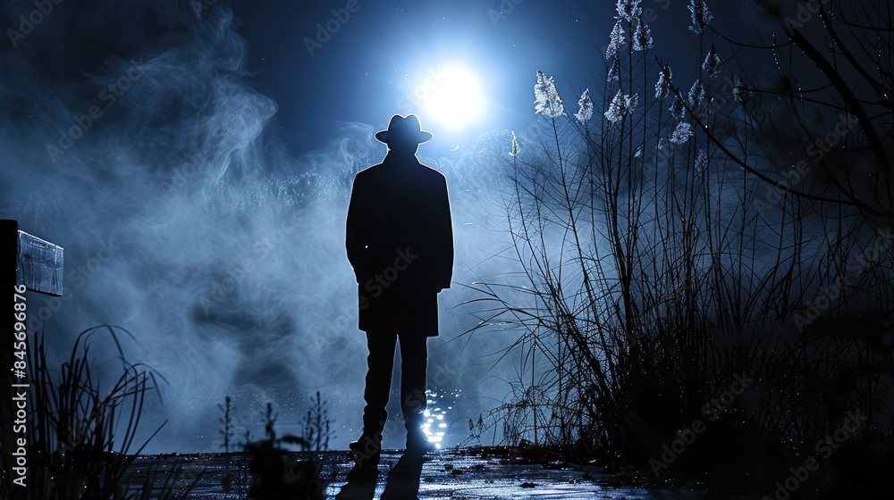 Gripping scene of a detective's shadow in the moonlight, adding an air ...