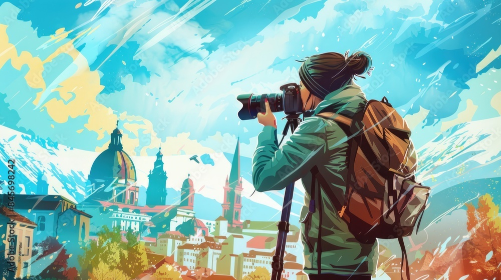 Inspirational illustration of a photographer in action with a backdrop ...