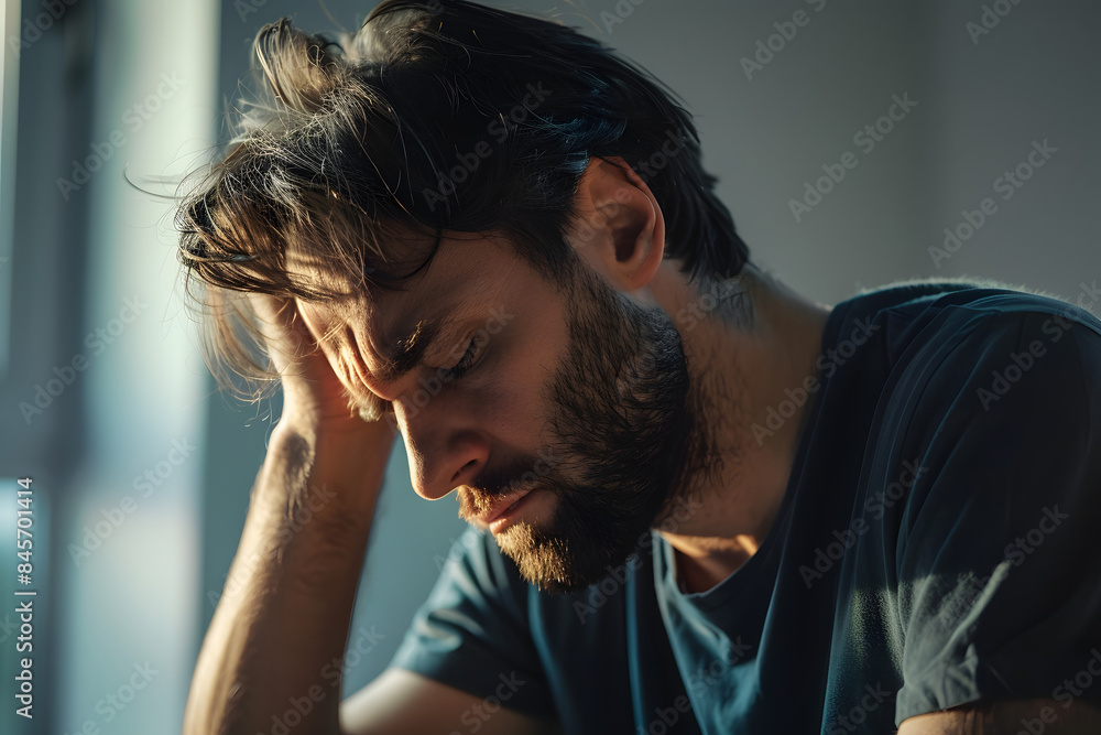Lonely and depressed adult man with eyes closed at home. Unshaven male ...