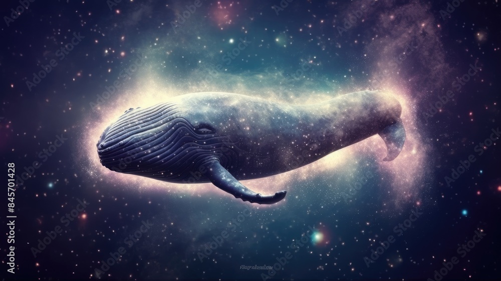Surreal art design of a whale floating in space with a cosmic ...