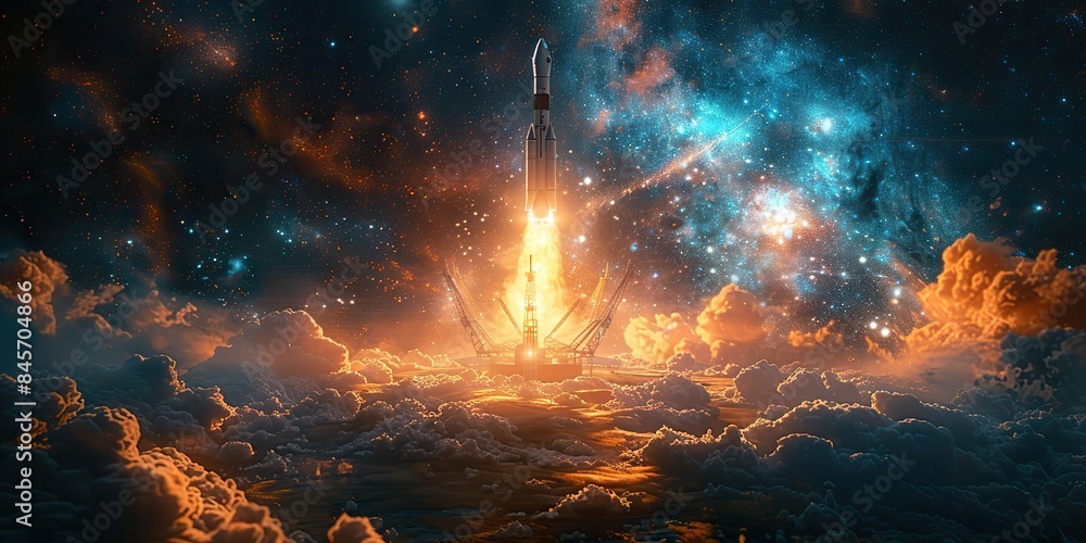 spaceship rocket launching from launch pad at space station platform ...