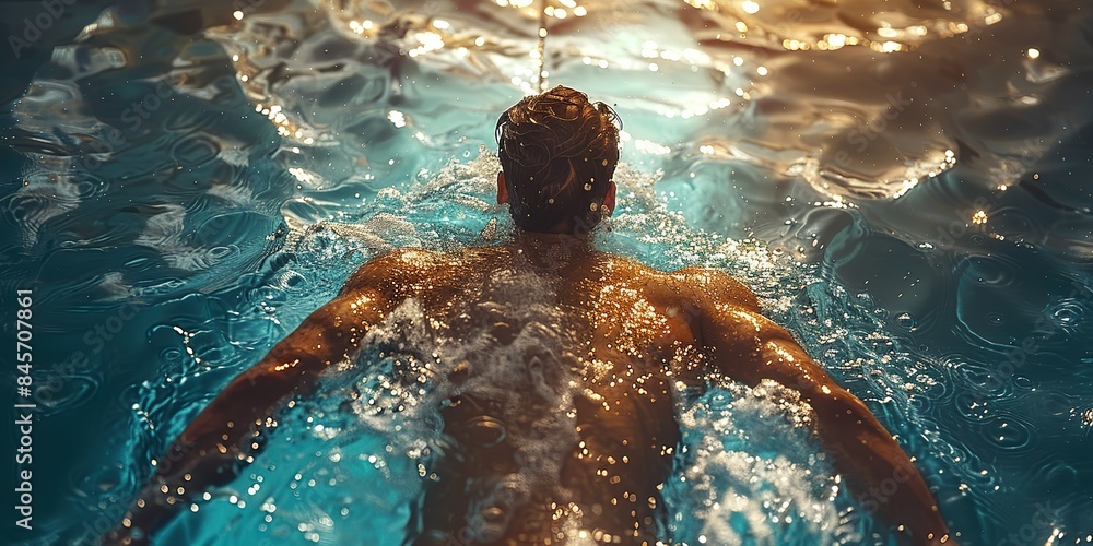 the top view of a male swimmer swimming in a swimming pool during a ...