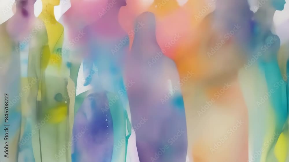 Abstract painting depicting diverse silhouettes of people in vibrant ...