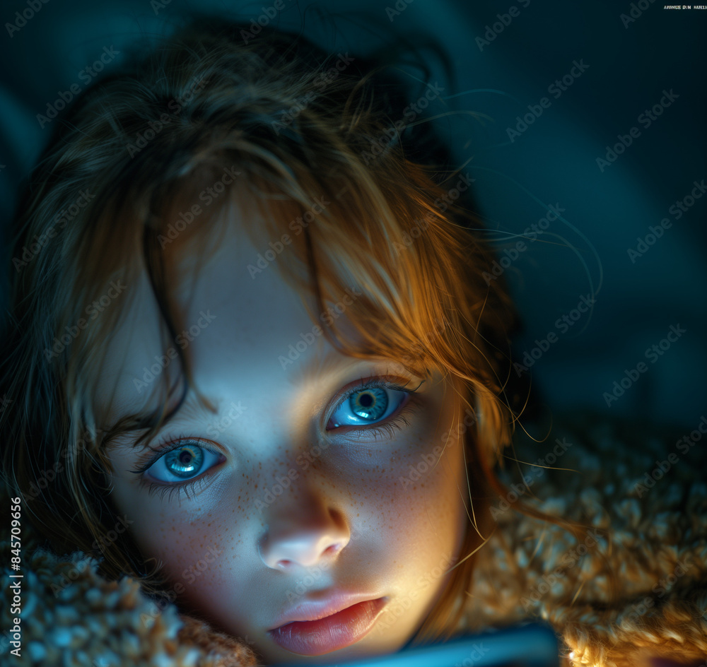 sad child reading phone messages / using internet; serious face ...