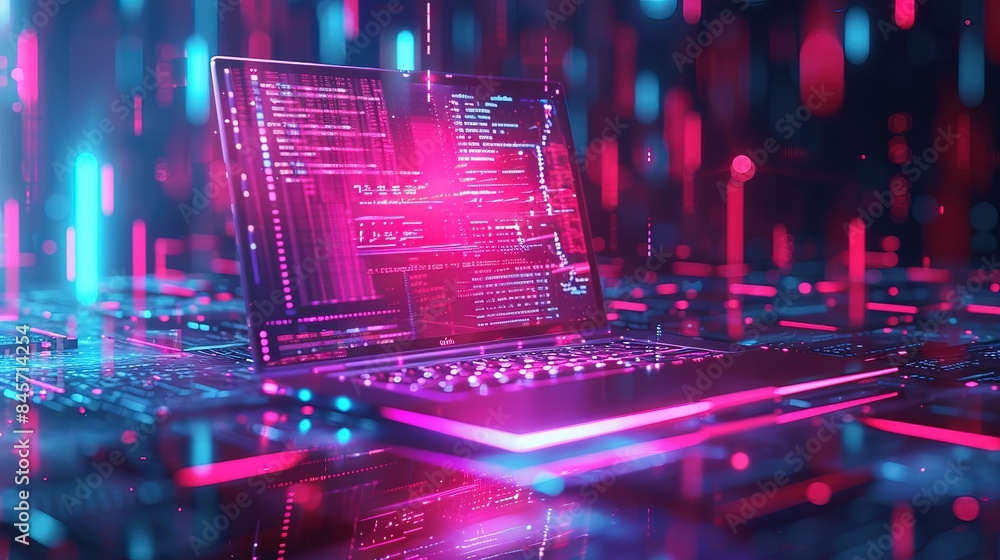 Futuristic illustration about computer technology with a laptop in neon ...