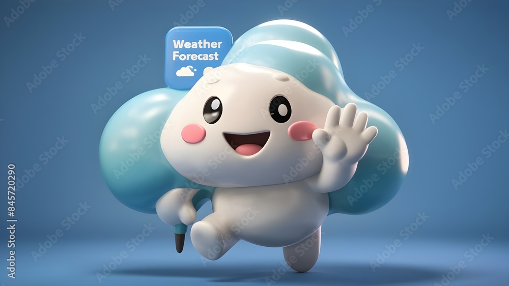 Happy Kawaii Cloud Character Waving on Blue Background Stock ...