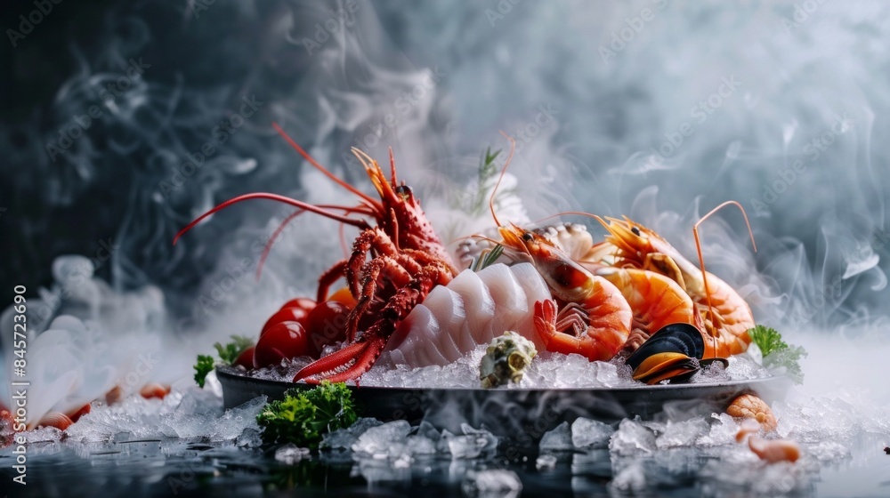 Side view of variety of fresh luxury seafood, Lobster salmon mackerel ...