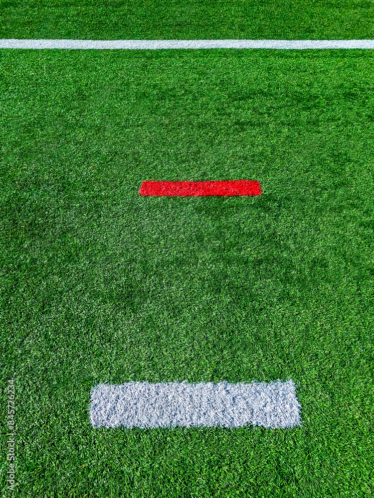 Sports Field Turf with Red and White Marker Lines. Bright green turf ...