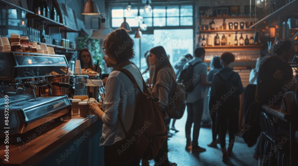 A line of customers wait at a coffee shop counter, with a person in ...