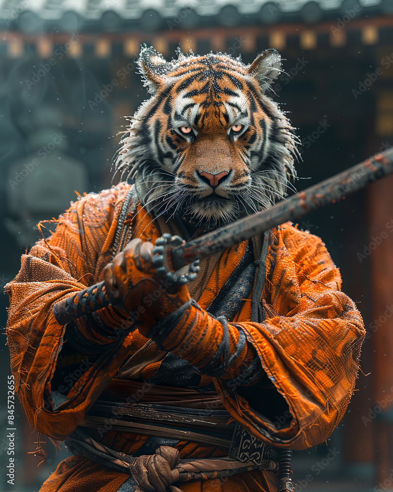 ภาพประกอบสต็อก tiger samurai with a sword in his hands - an orange suit ...