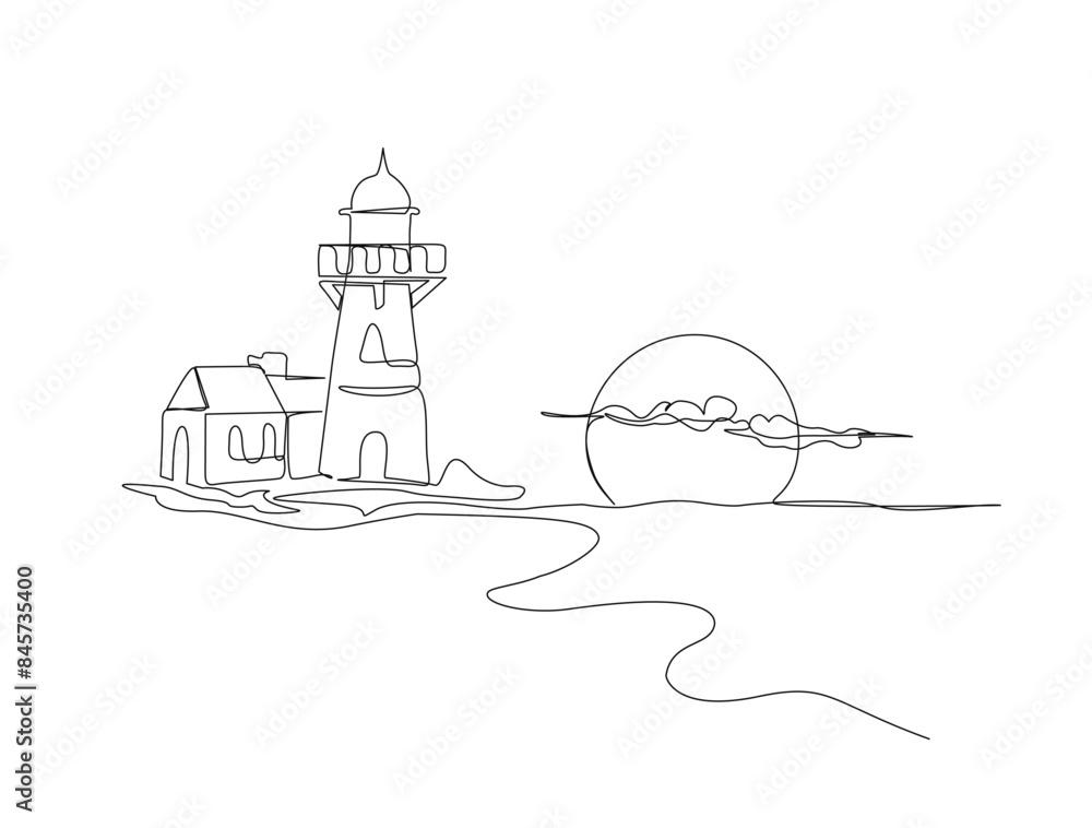 Continuous one line drawing of lighthouse tower with sunset. Simple ...