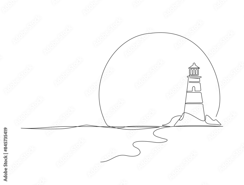 Continuous one line drawing of lighthouse tower with sunset. Simple ...