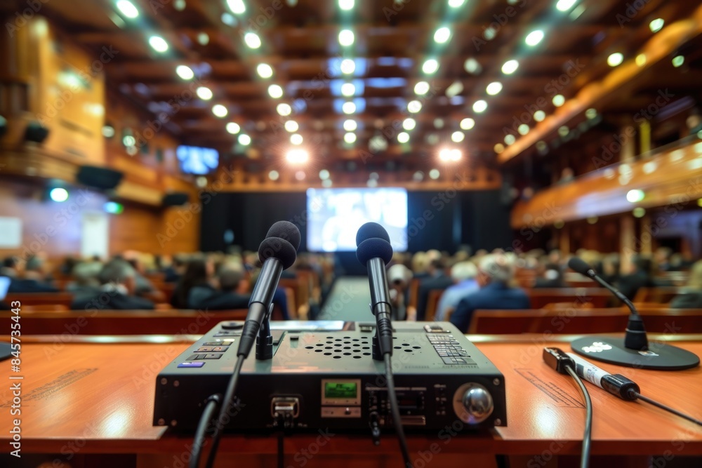 Interpreting Booth Setup with Microphones in Conference Hall Background ...