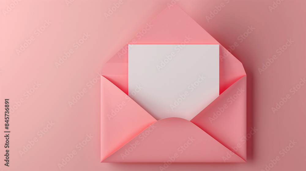 Open pink envelope with empty white sheet coming out on pink textured ...