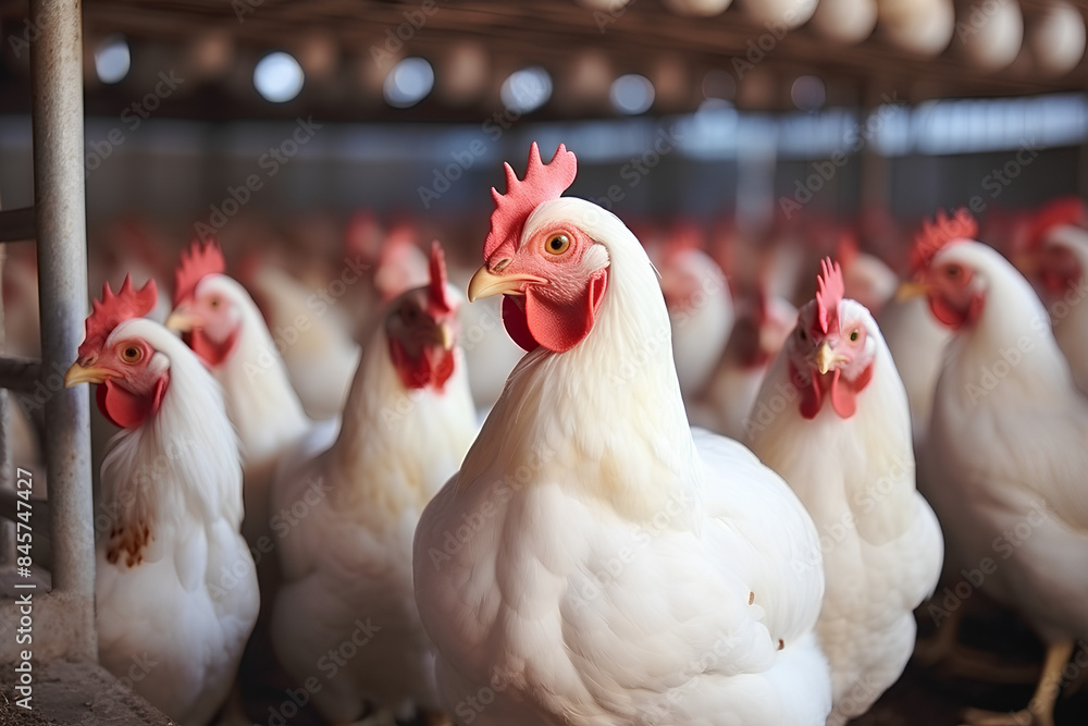 Chicken farm. Egg-laying chicken in cages. Commercial hens poultry ...