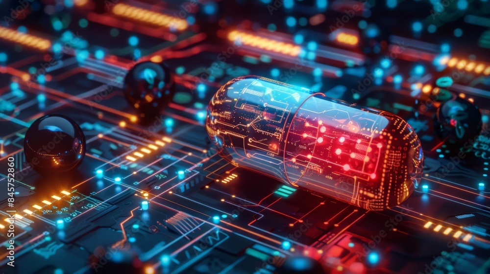 Futuristic capsule with digital circuitry embedded, highlighting ...