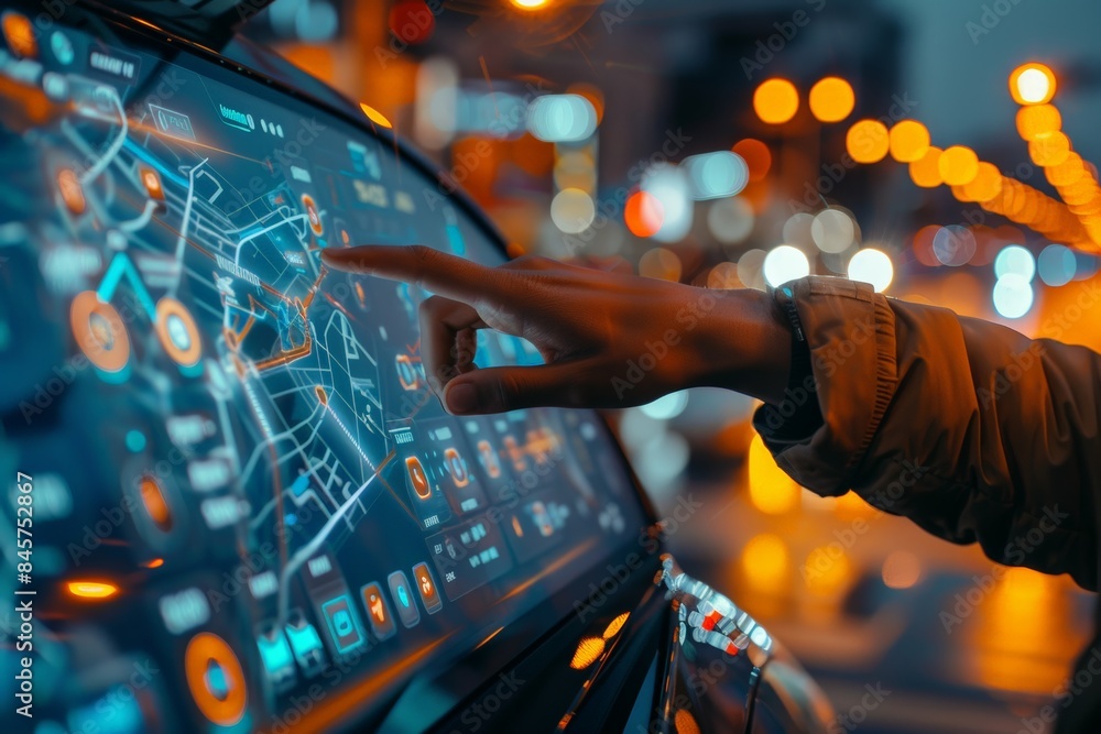 Hand pointing at high-tech navigation screen in a car at night. Bright ...