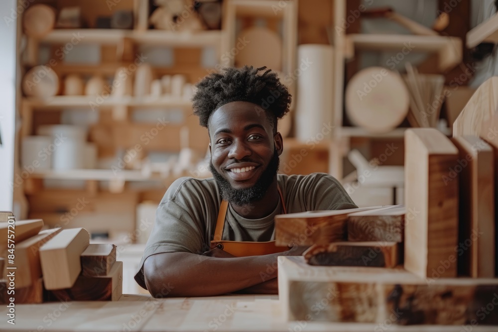 Reflective moment of an African American craftsman admiring work ...