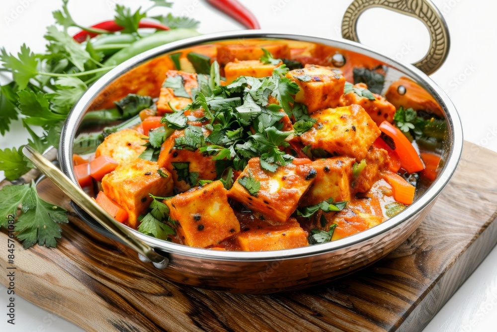 Restaurant-style paneer tika masala in a balti dish, on a wooden block ...