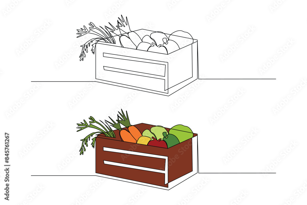 Continuous line art drawing box with fresh vegetables. Grocery food ...