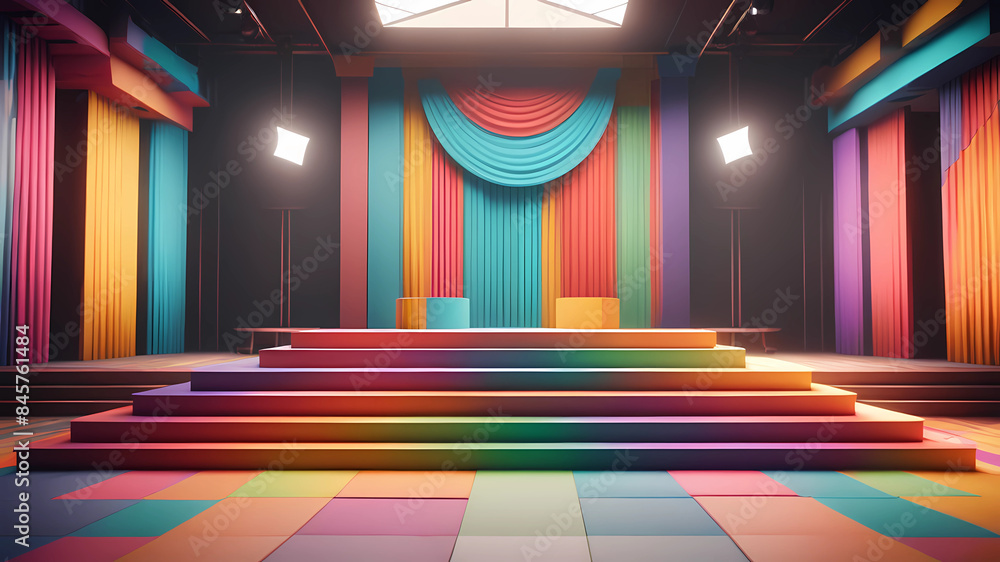 A colorful stage in a bright room with multiple stages to stand on ...