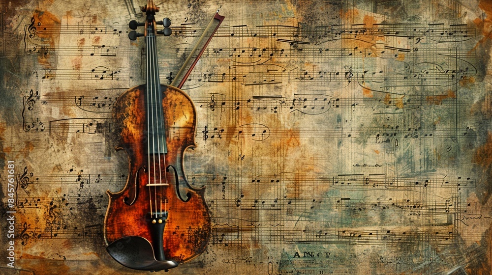 Classical instrument illustration on aged sheet music, grunge edges ...