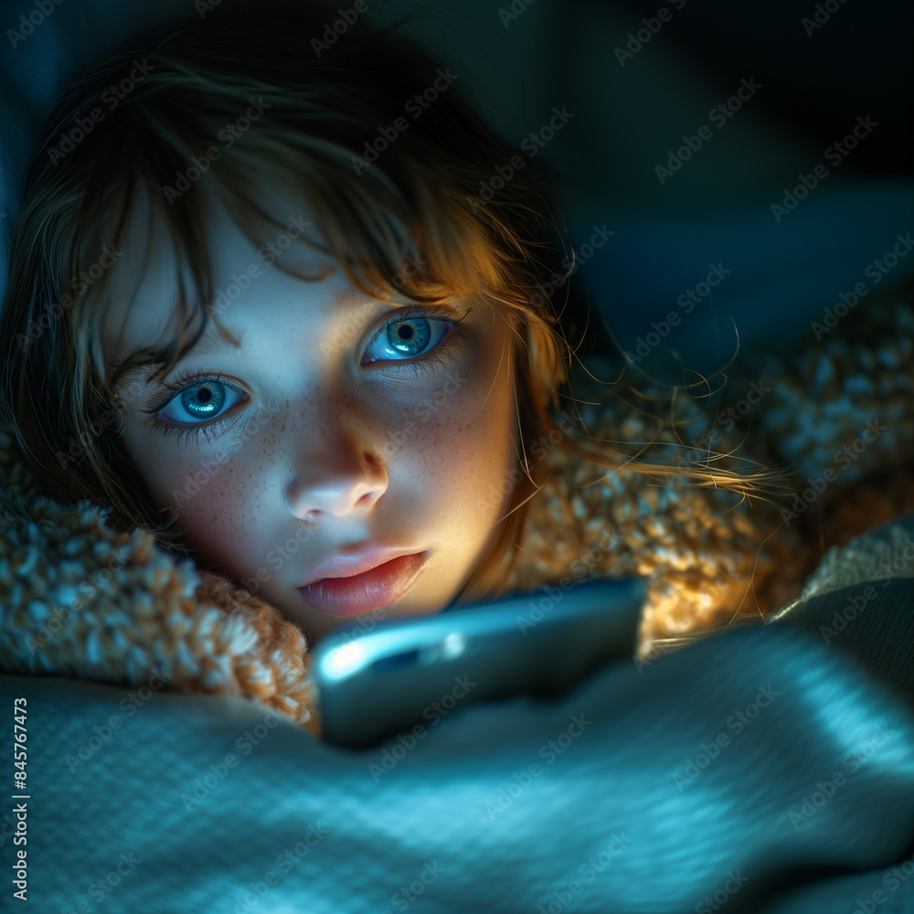 sad child reading phone messages / using internet; serious face ...