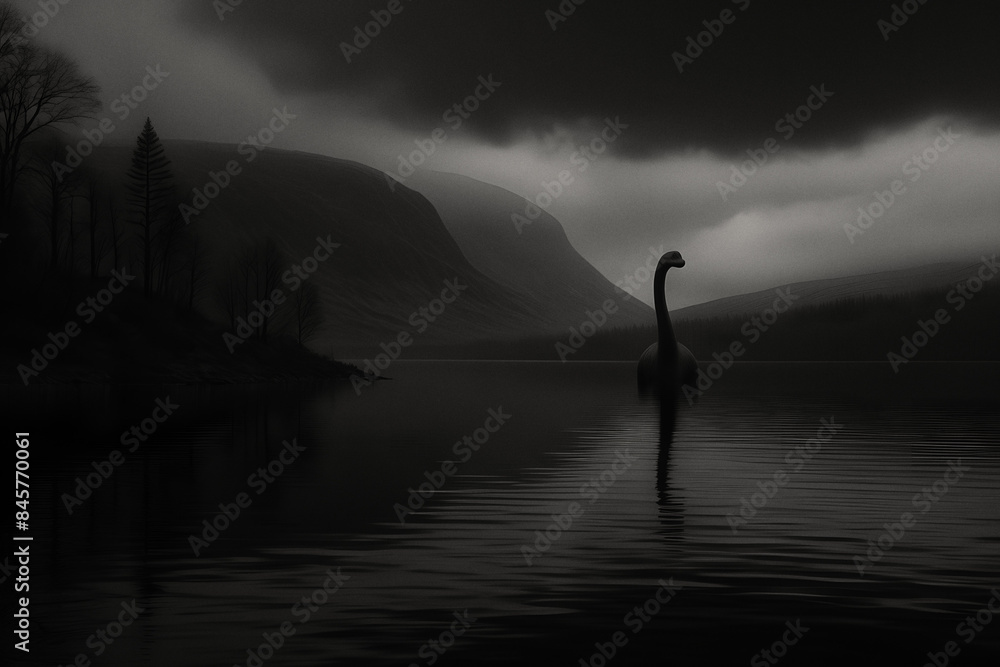 Loch Ness, Scotland, UK, illustration based on an Iconic 'Nessie' photo ...