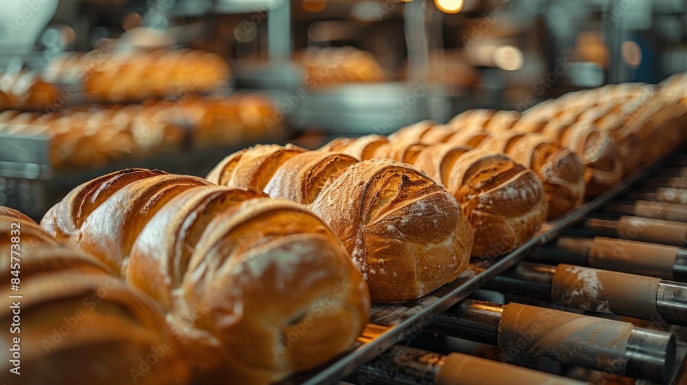 Fresh off the baking line, warm, crusty bread travels the conveyor in ...