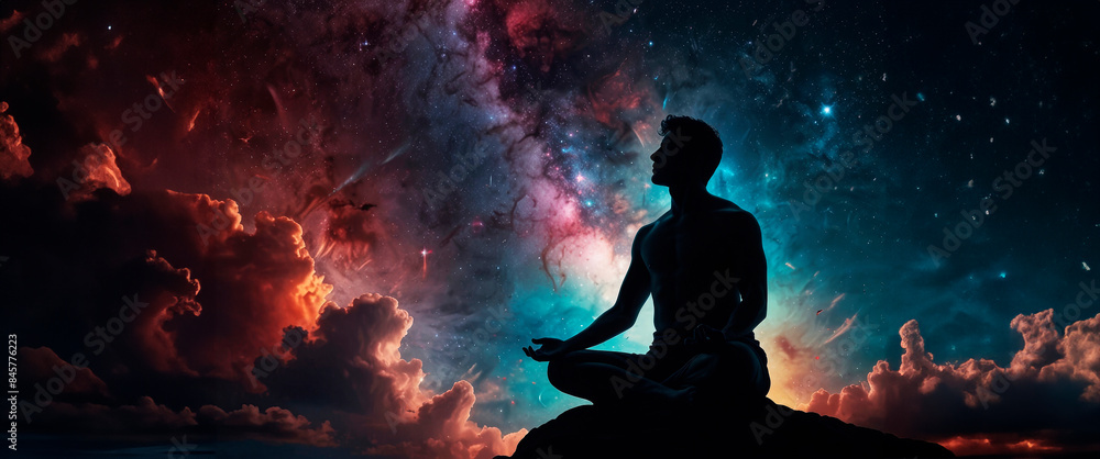 Silhouette human lotus position, meditation space galaxy cloud nebula ...