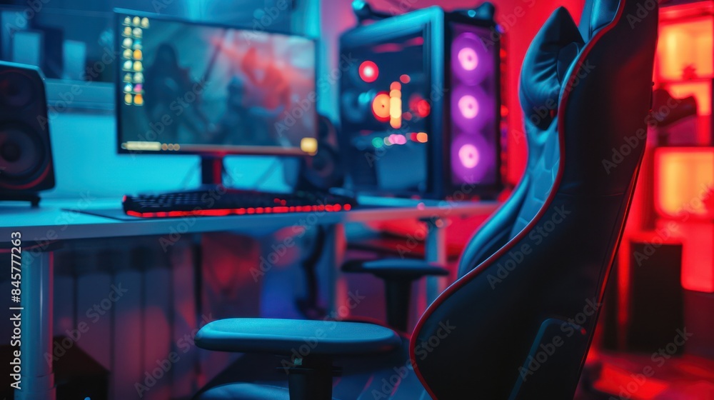 A high-end gaming setup featuring a desk with multiple monitors, a ...