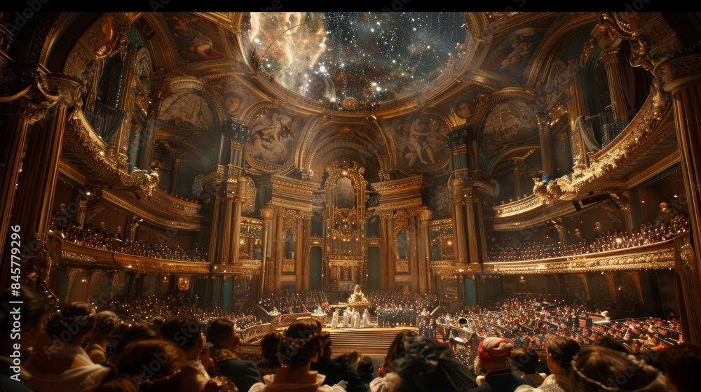 Extravagant space opera theater baroque architecture, golden carvings ...