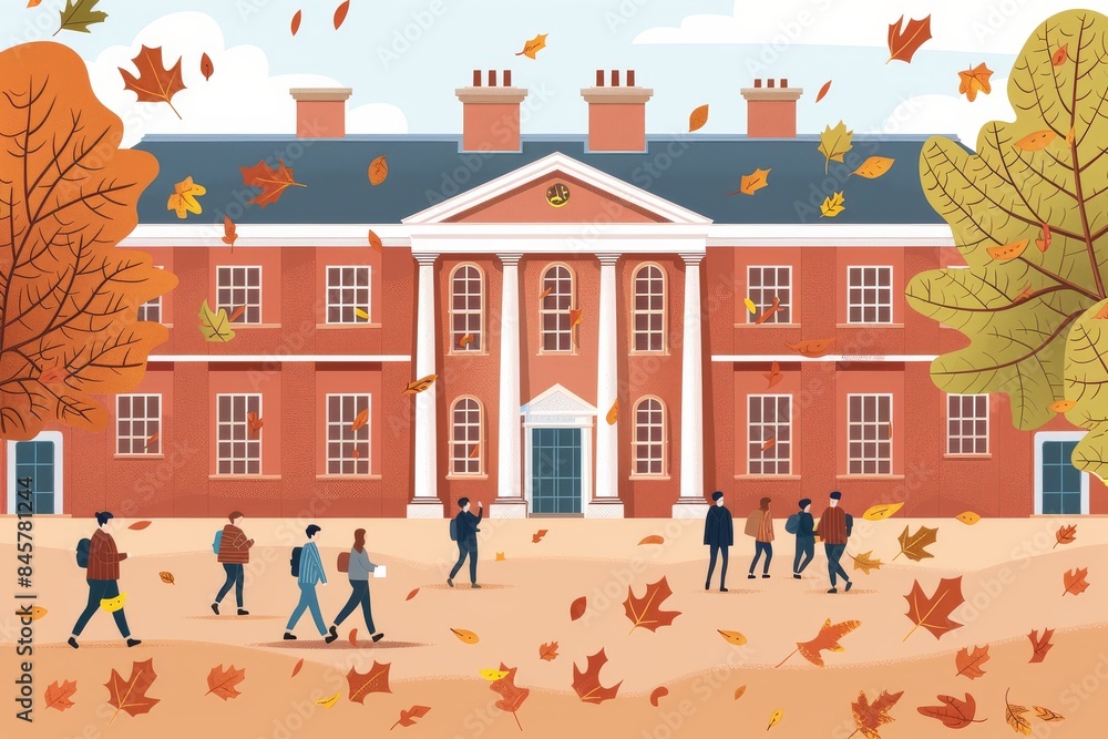 An illustration of a university campus in the fall, with students ...
