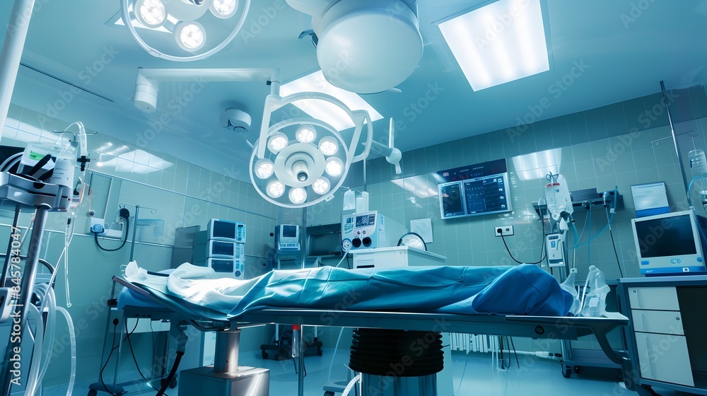 Surgical operating room with modern equipment, patient under anesthesia ...