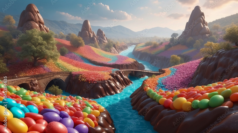 Magical Landscape with Rolling Chocolate Hills: Gummy Bear Trees, Candy ...