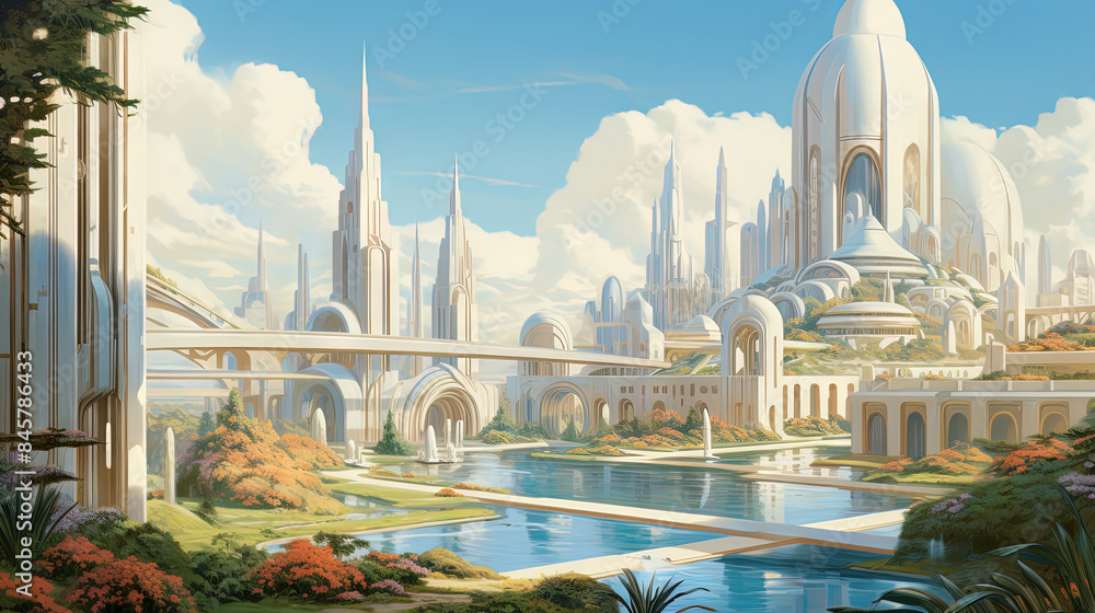 Science fiction landscape with retro futuristic sunny city on the ...