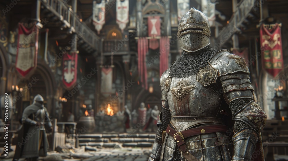 Medieval knight in armored attire in stone castle hall with heraldic ...