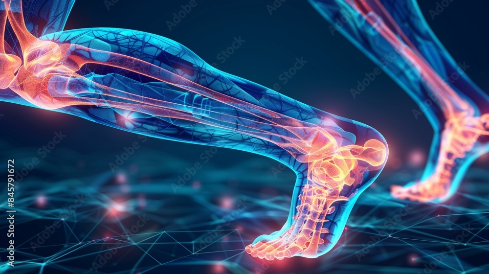 Digital person running with highlighted leg joints in orange blue color ...
