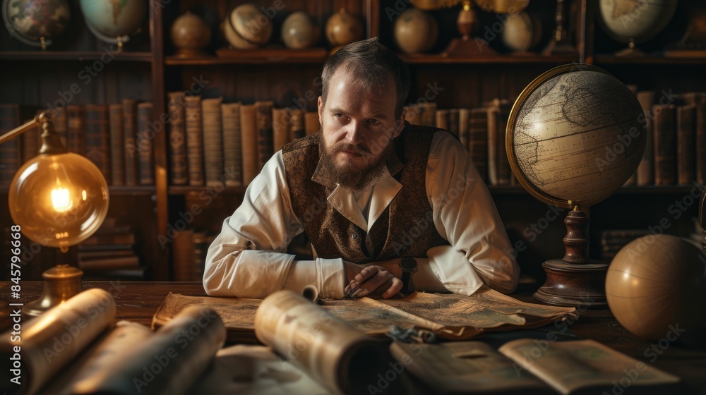 The picture of the cartographer working inside the workshop doing about ...