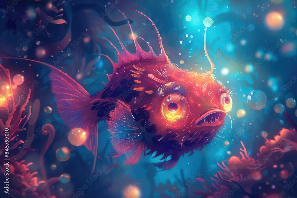 adorable kawaii anglerfish glowing in deep sea abyss digital ...