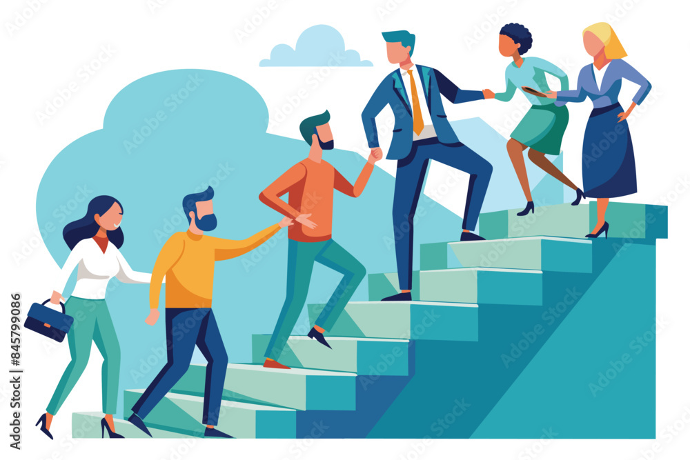 An illustration of a diverse team of people climbing stairs together ...