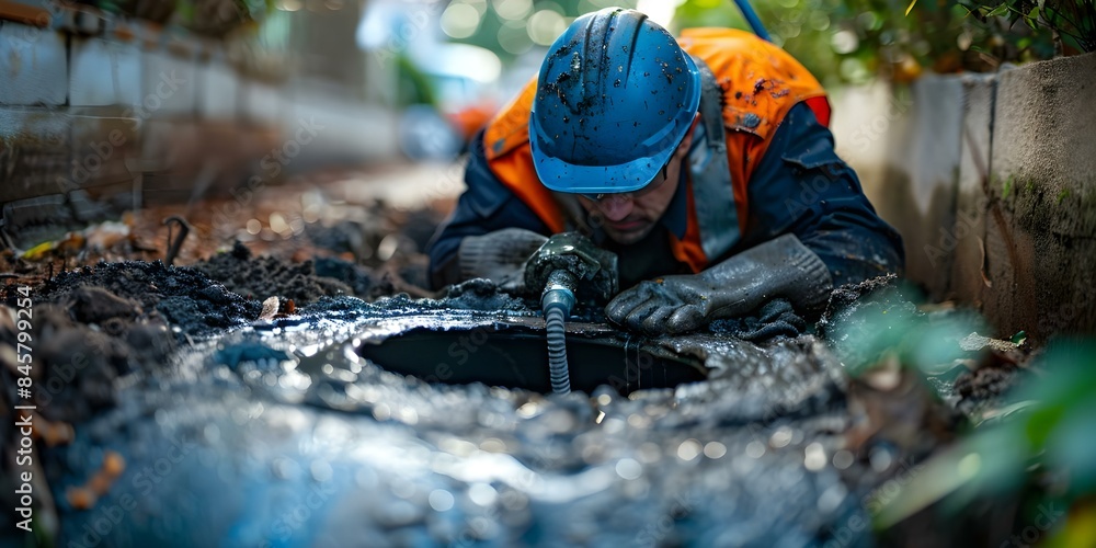 Worker servicing septic tank for residential sewage drainage. Concept ...