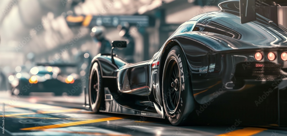 Side view of pit crew in action teams race car arriving in pit lane ...