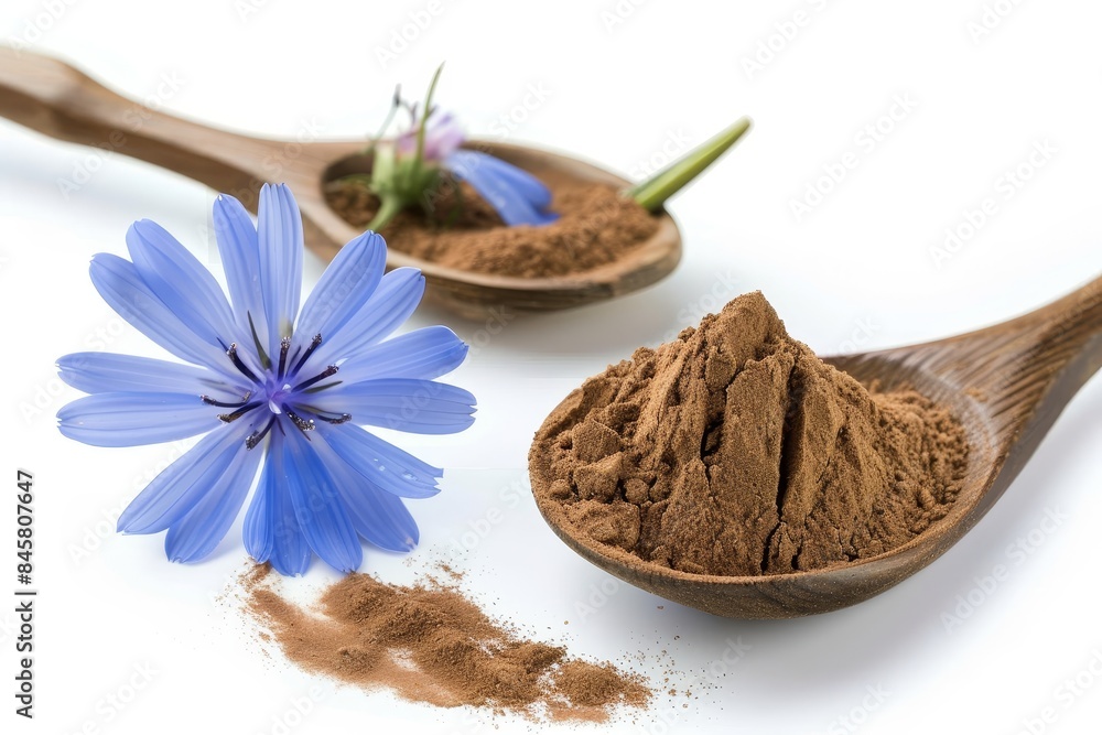 Chicory root powder on spoon with blue flower white background Used in ...