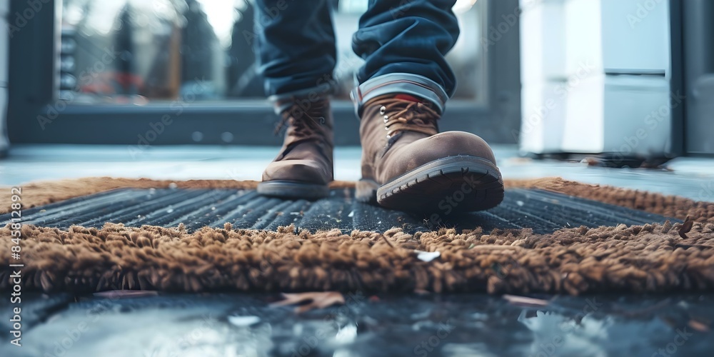 Employee stepping on a soiled doormat. Concept Dirty workplace ...