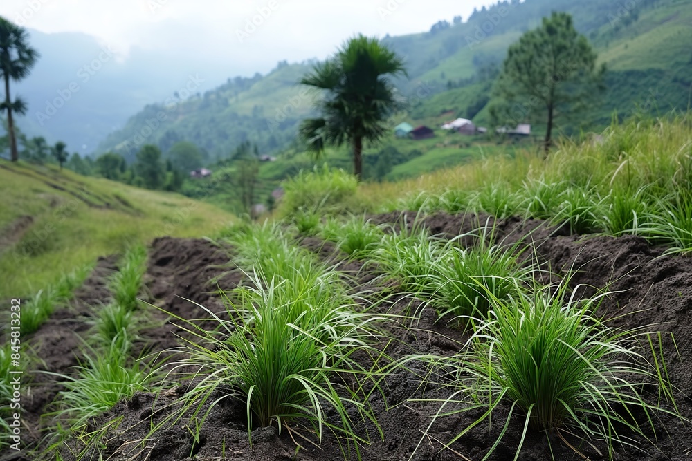 Vetiver grass planted on a hillside in rows to prevent soil erosion ...