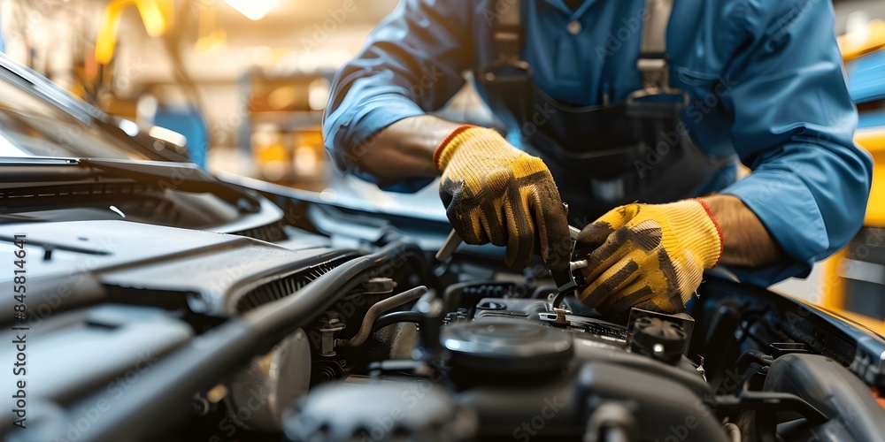 Mechanic using digital tools to inspect car in auto repair shop ...