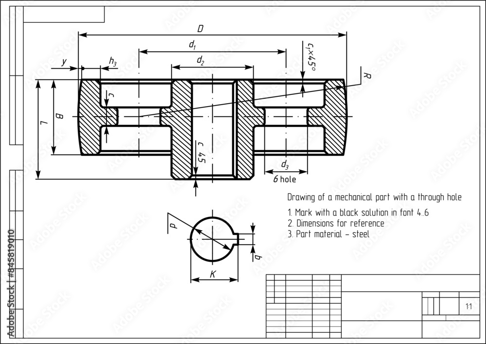 Vector drawing of steel cast mechanical part (round wheel) with through ...
