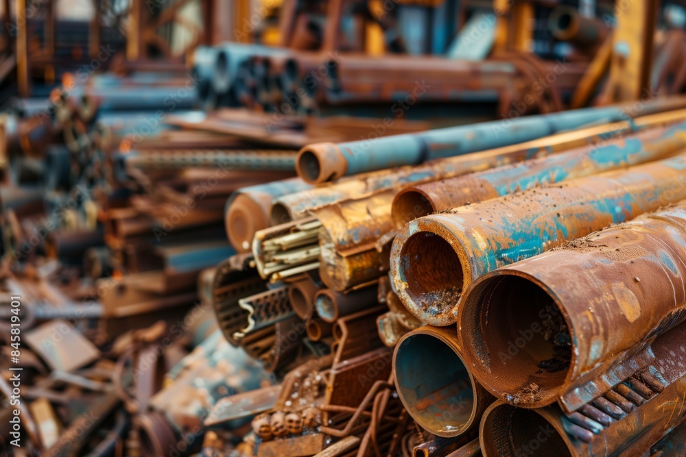 This image vividly captures the industrial discard of rusting pipes and ...