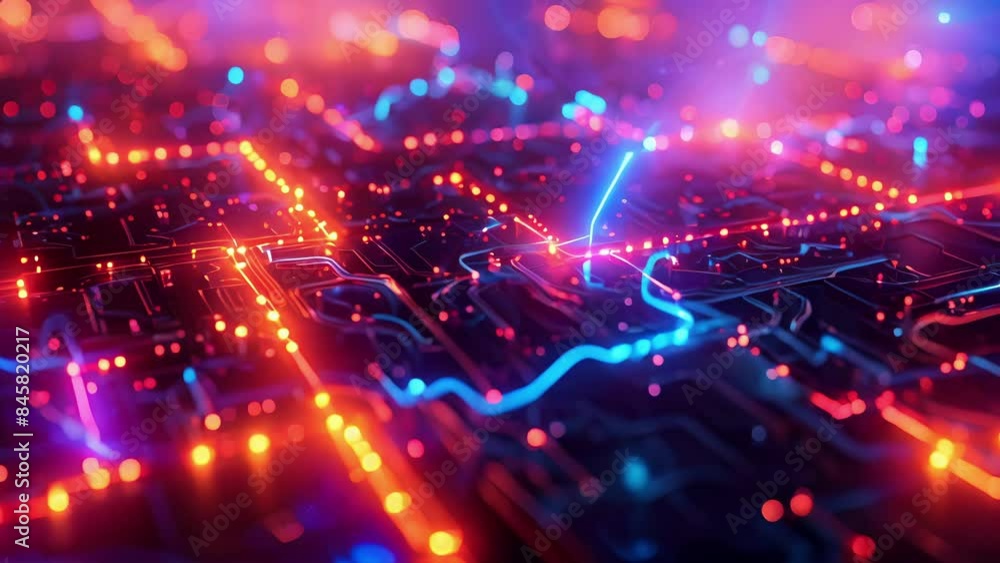Lightning bolts strike a maze of interconnected mining rigs creating a ...